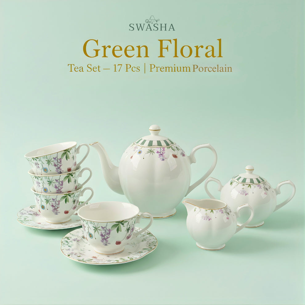 Swasha 17 Pcs Green Floral Vintage Tea Set – Luxury Porcelain Cups, Sa ...